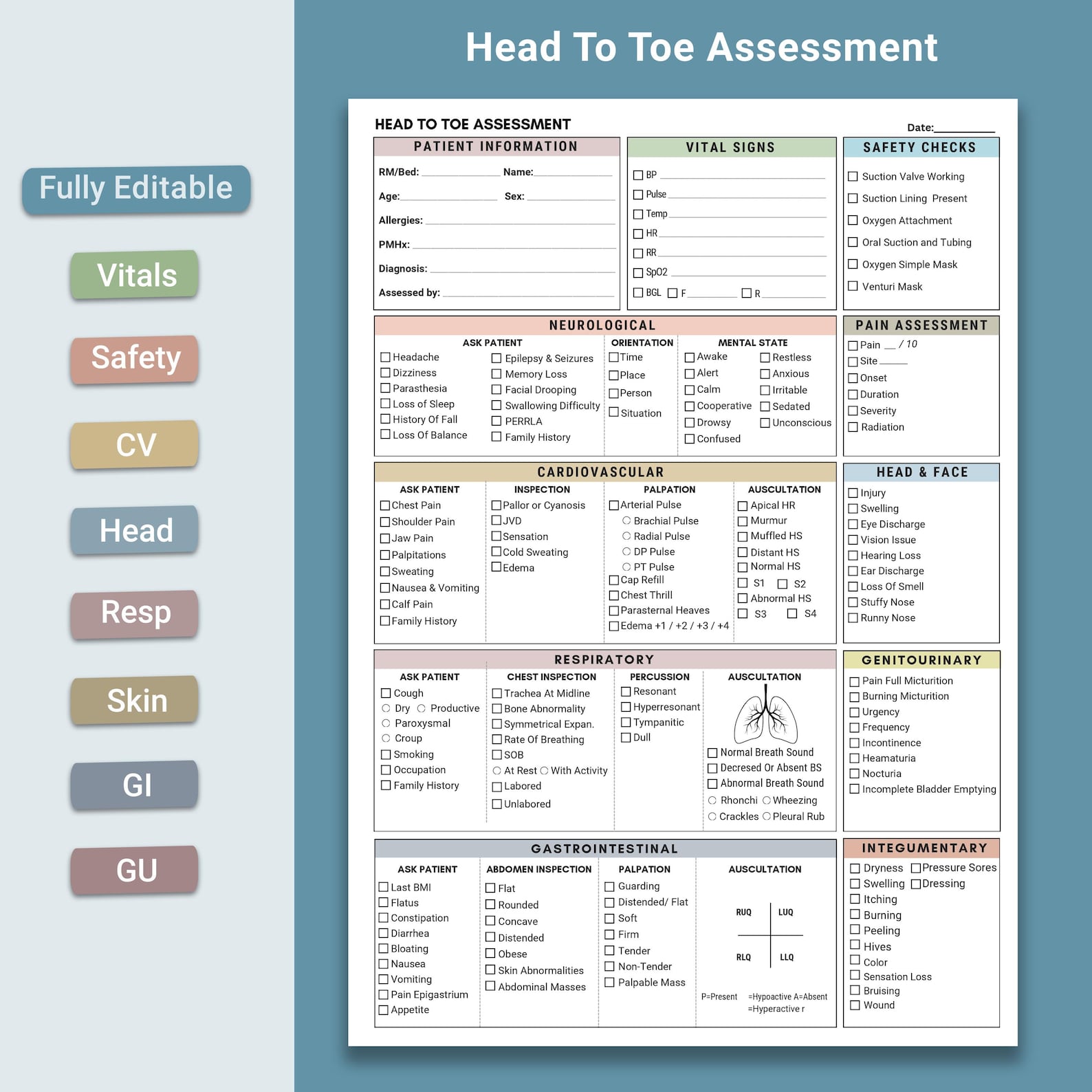 Editable Nursing Head to Toe Assessment Template Head to Toe Nursing Student Study Guide Nurse ...