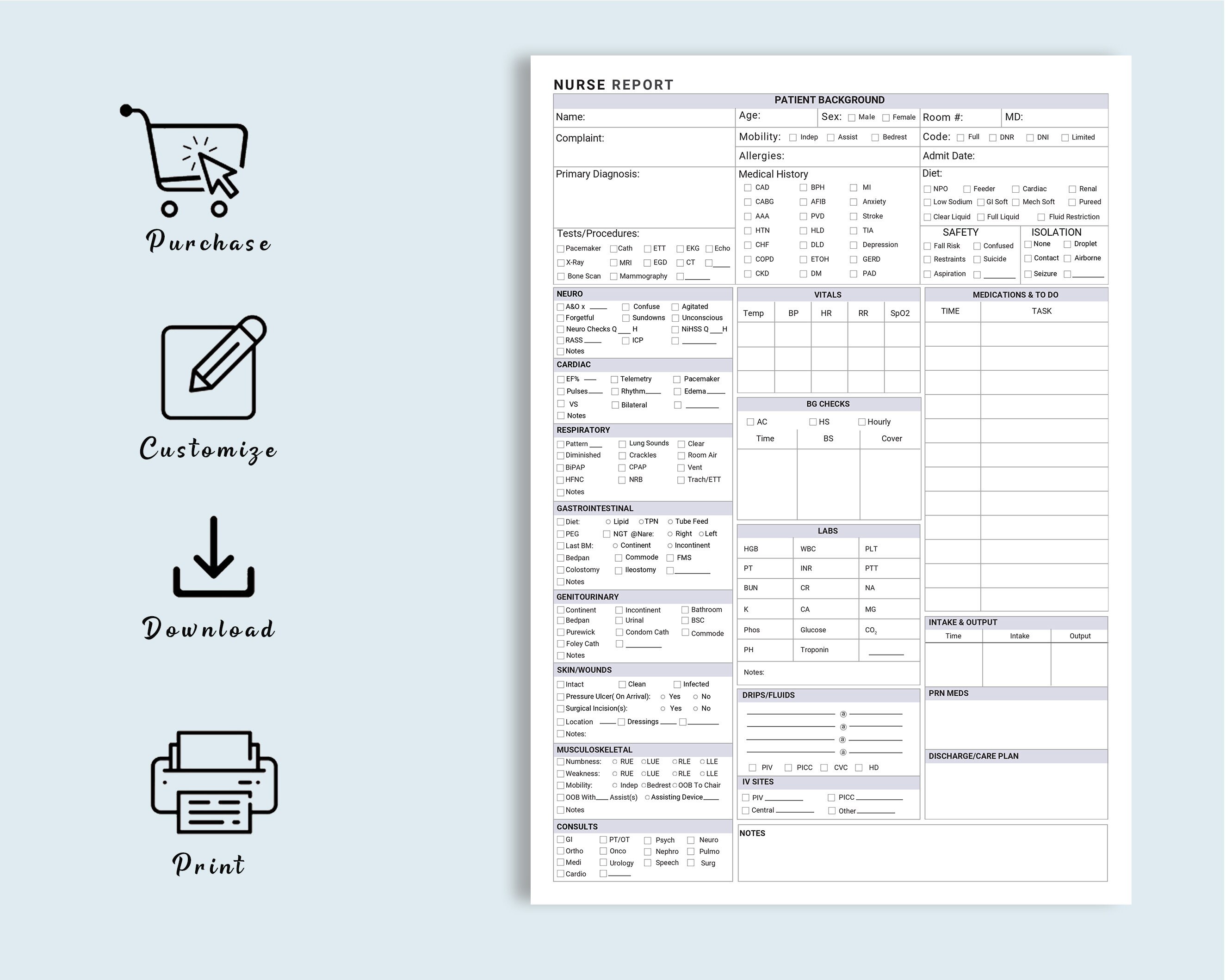 Editable Nursing Report Sheet Medsurg Nurse Brain Sheet ICU Report ...