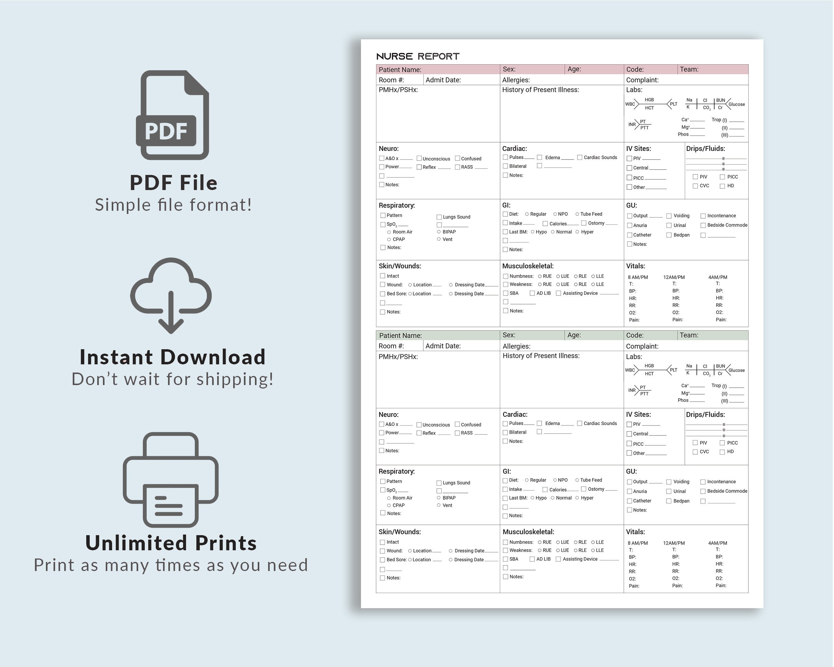 Editable ICU Nurse Report Sheet, 2 Patient Med Surg Report Sheet ...
