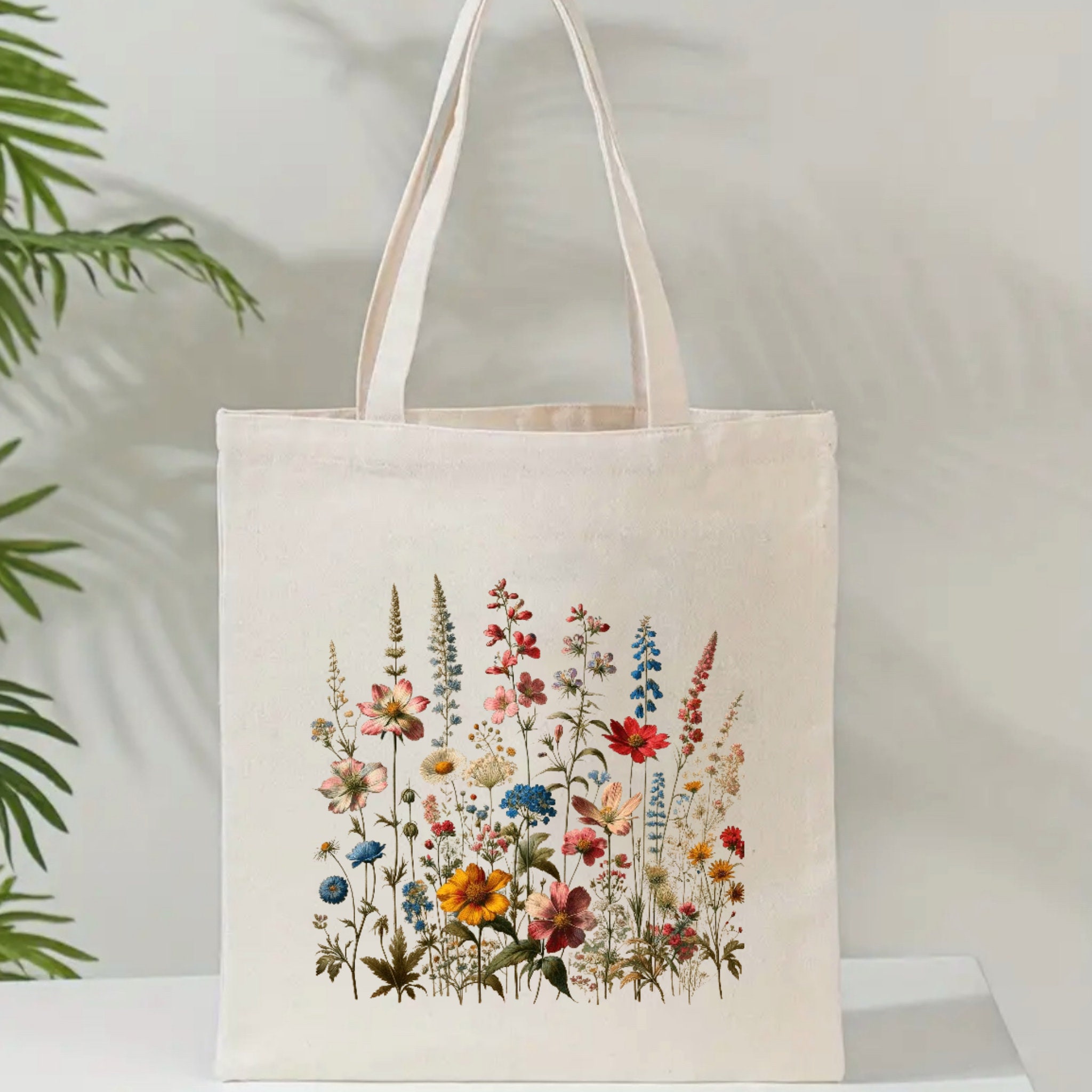 Flower Tote Bag, Floral Botanical Bag, Wildflower Shoulder Shopper Bag ...