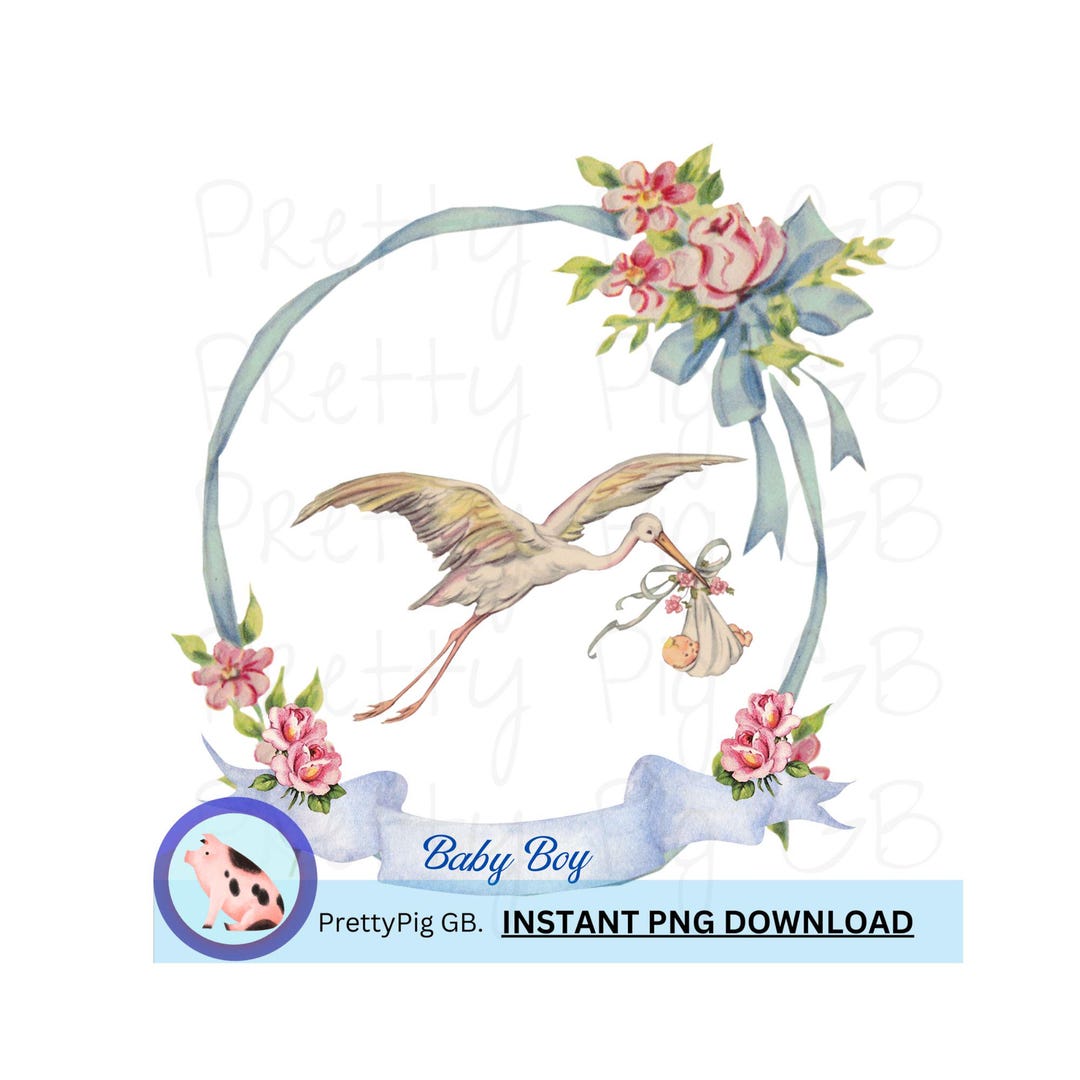 Retro Stork With Baby Boy Bundle, PNG, Clip Art, Digital Download, 300 ...