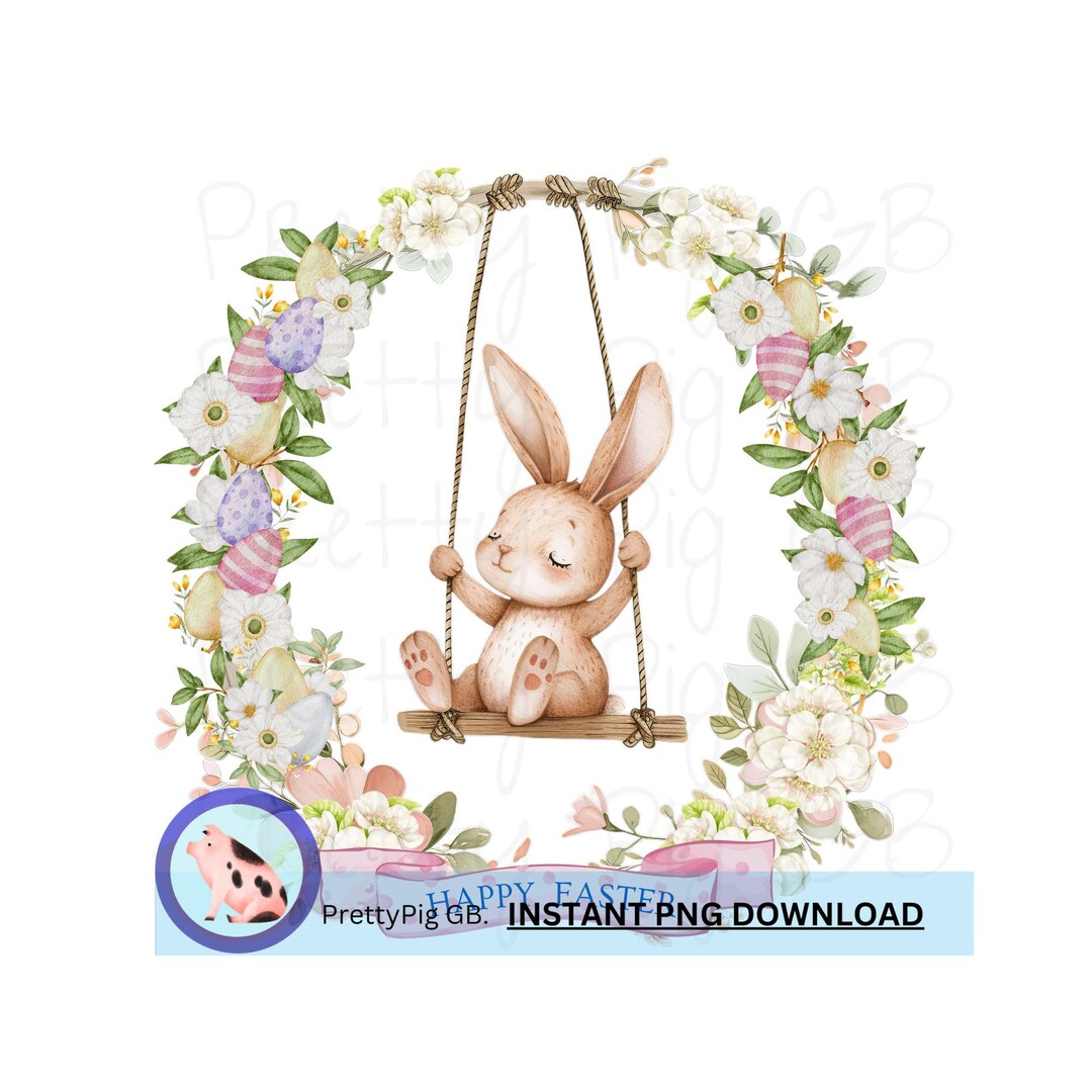 Easter Bunny on His Wreath Swing, PNG, Clip Art, Digital Download, 300 ...