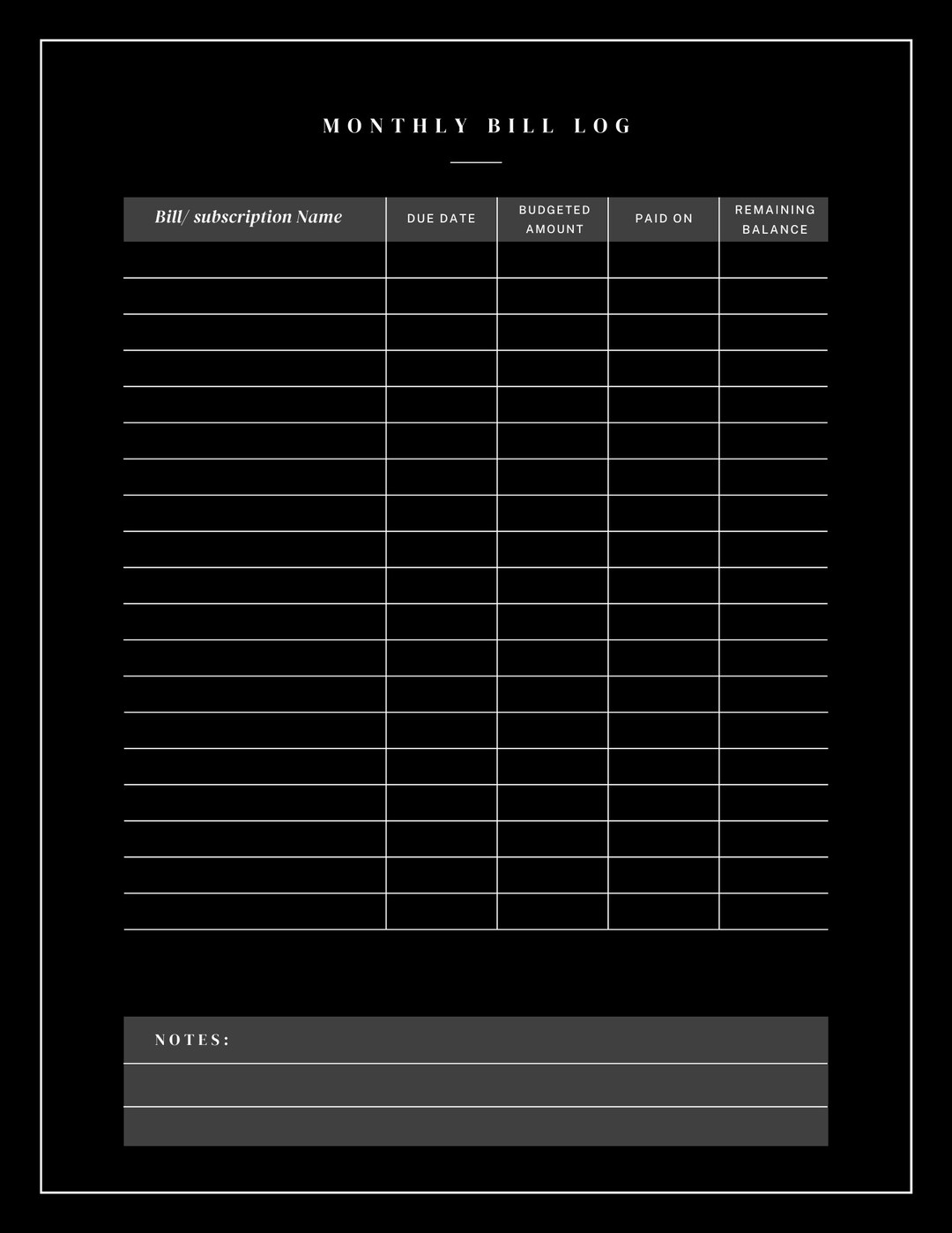Black Monthly Bill Log - Etsy