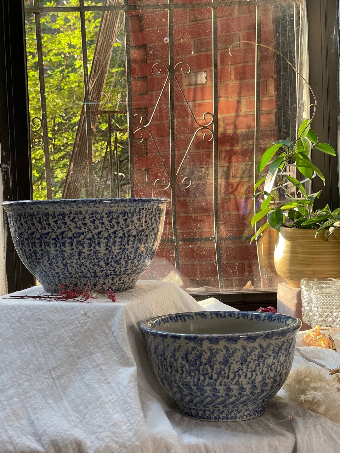 Blue Sponge Pattern Stoneware Ceramic Bowl Set - No Manufacturer ...