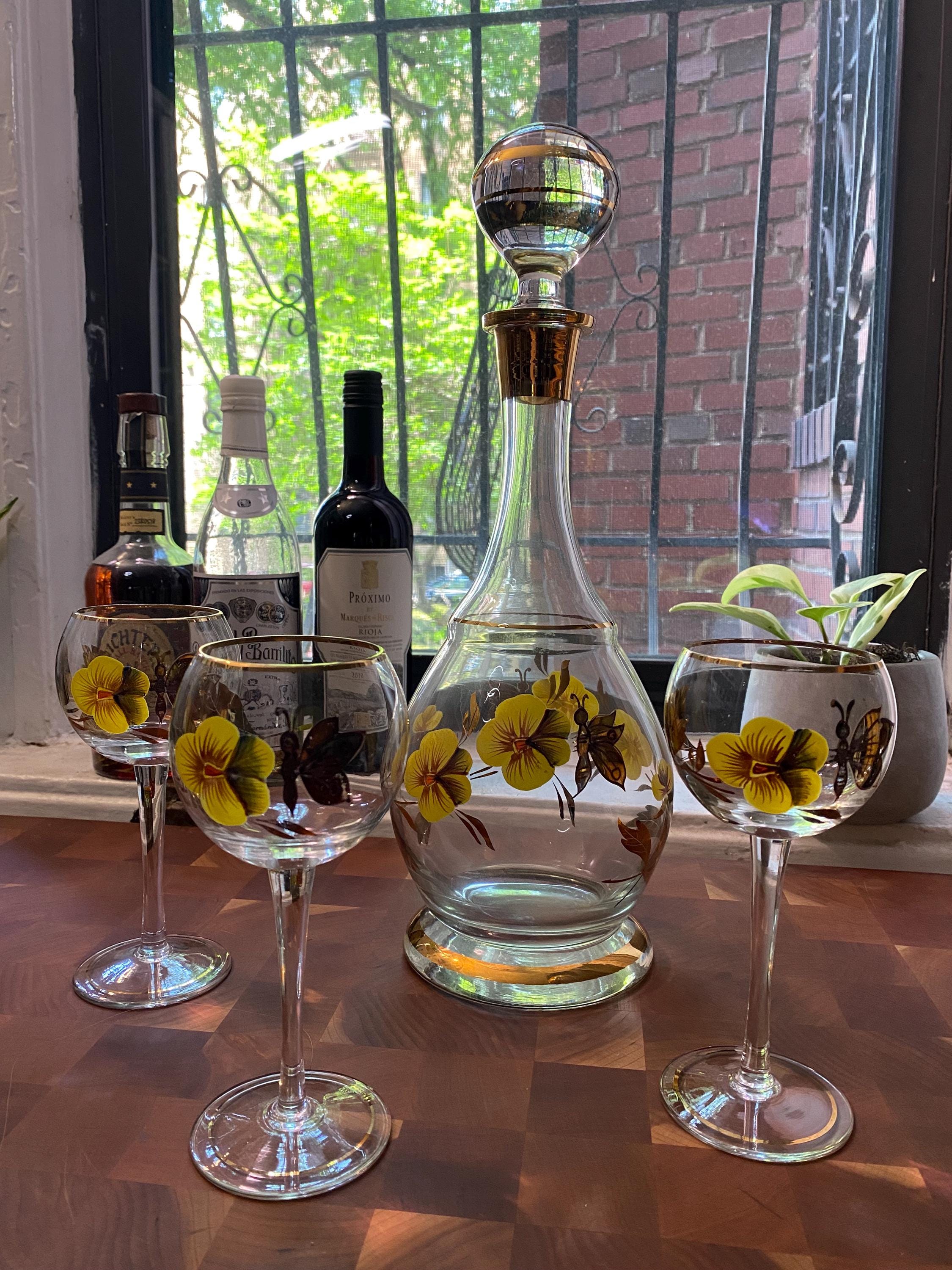 VGT Hand Painted Decanter and Long Stem Wine Glasses (x3) - Etsy