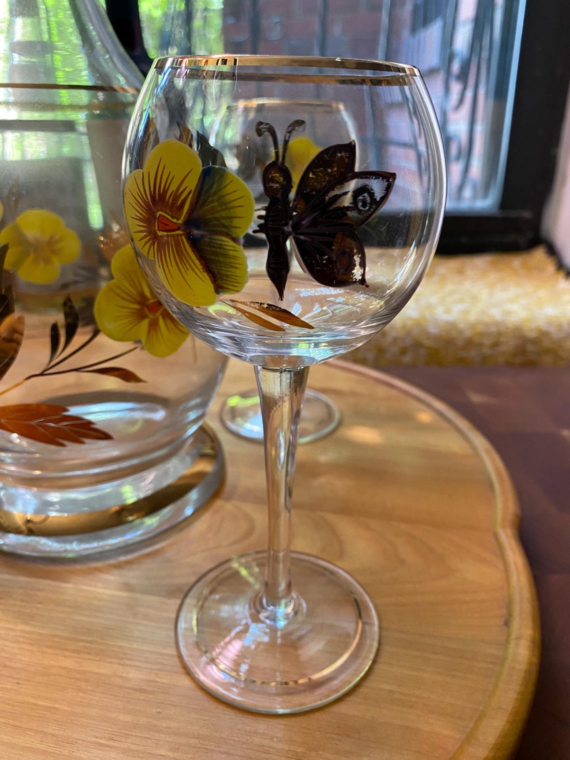 VGT Hand Painted Decanter and Long Stem Wine Glasses (x3) - Etsy