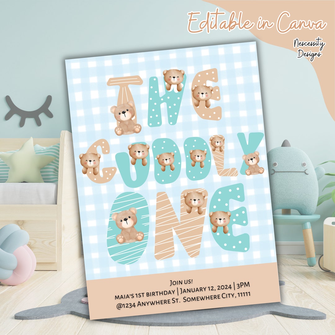 Editable Invitation Template Cute the Cuddly One First Birthday Teddy ...