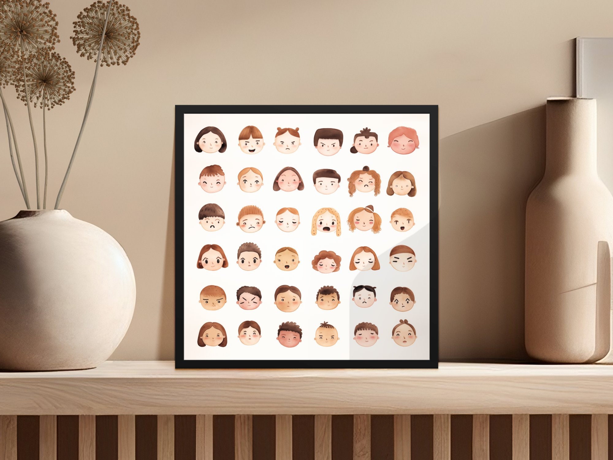 Digital Print of Facial Expressions, Multicultural, Funny Faces, Wall ...