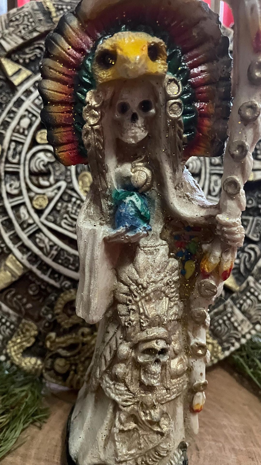 Santa Muerte Azteca Statue Prepared 8 Inch White and Gold With Seven7 ...