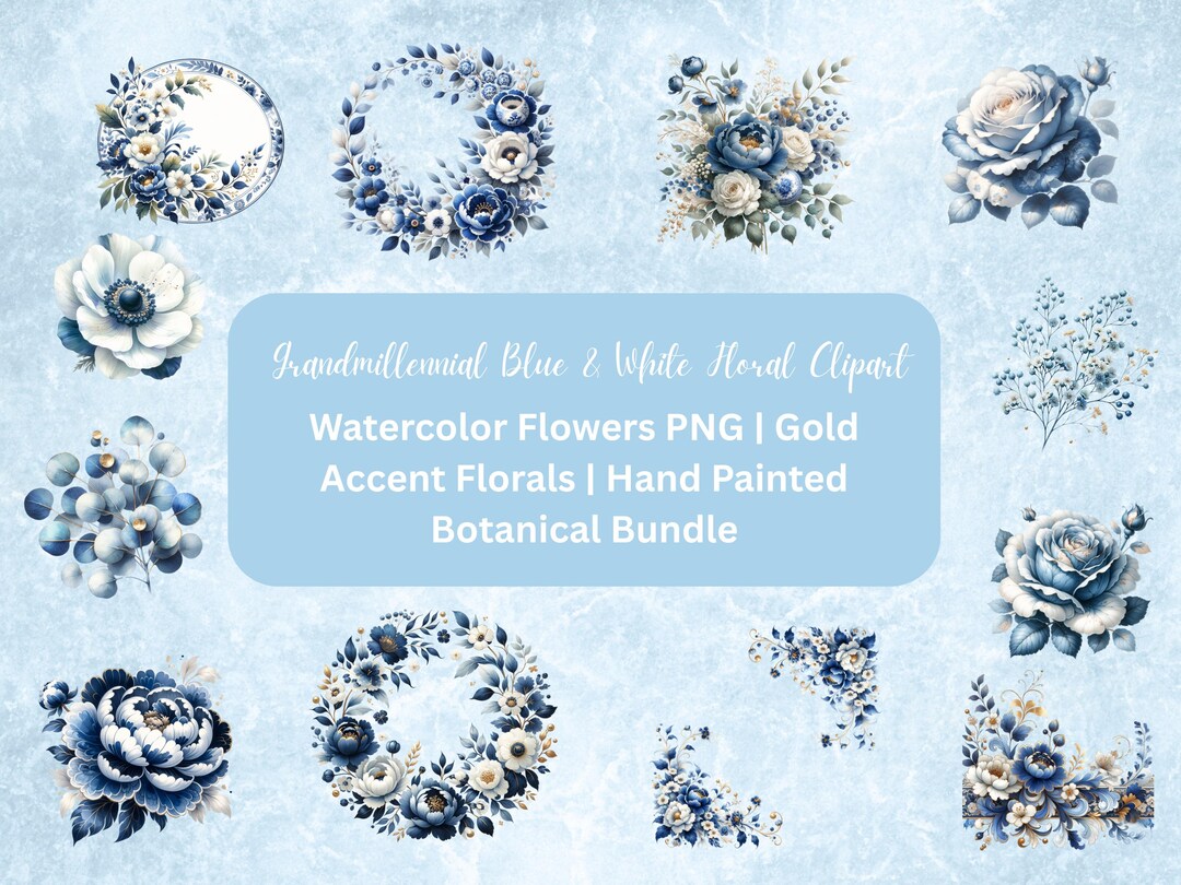 Grandmillennial Blue & White Floral Clipart | Watercolor Flowers PNG ...