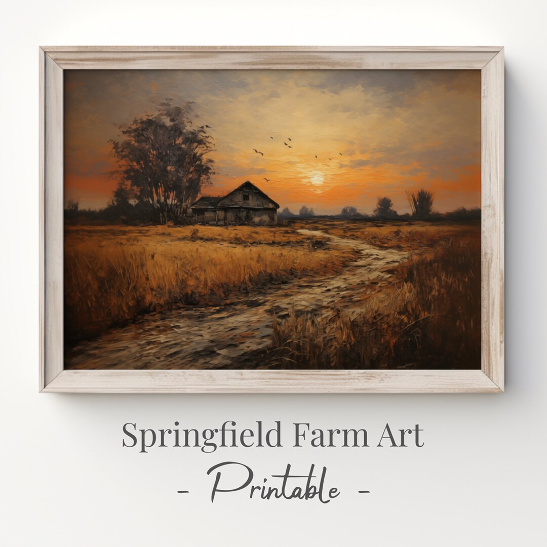 Printable Farmland Sunset, Wildflower Field Landscape Oilpainting ...