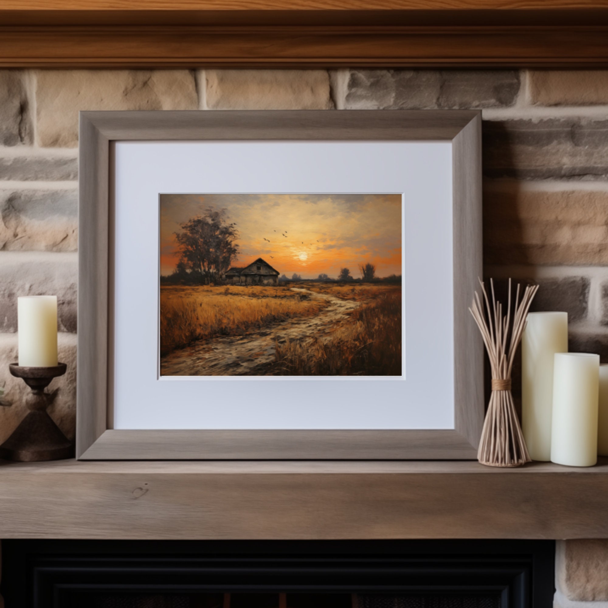 Printable Farmland Sunset, Wildflower Field Landscape Oilpainting ...