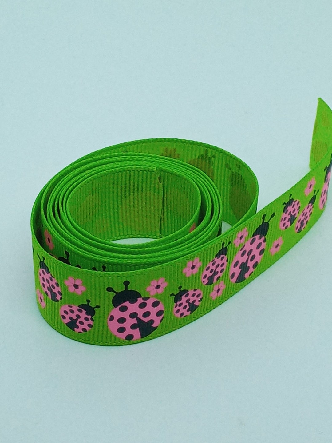7/8" Pink Ladybugs on Green Grosgrain Ribbon - Etsy