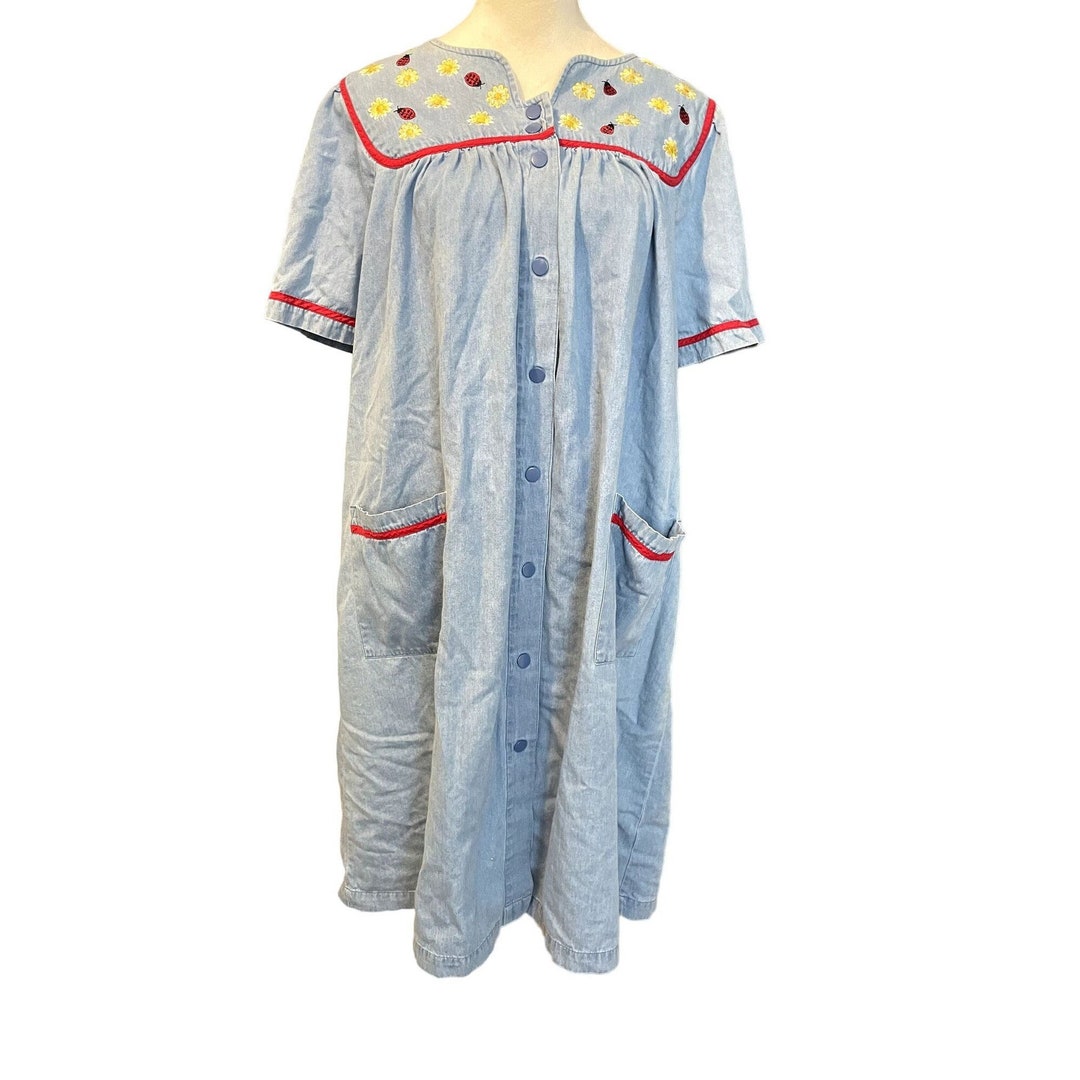 Go Softly Denim Patio Dress Embroidered Ladybugs Flowers Snap Front ...