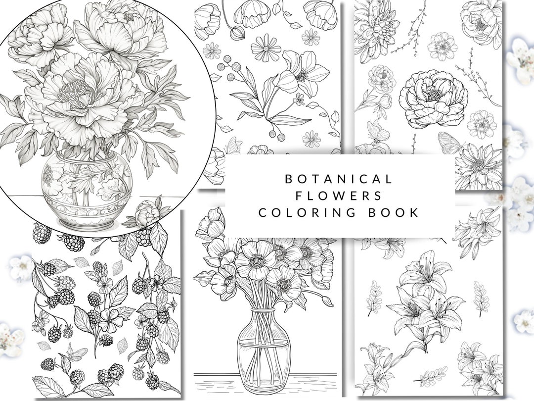 Botanical Flowers Coloring Book Flower Coloring Page Adults and Kids ...