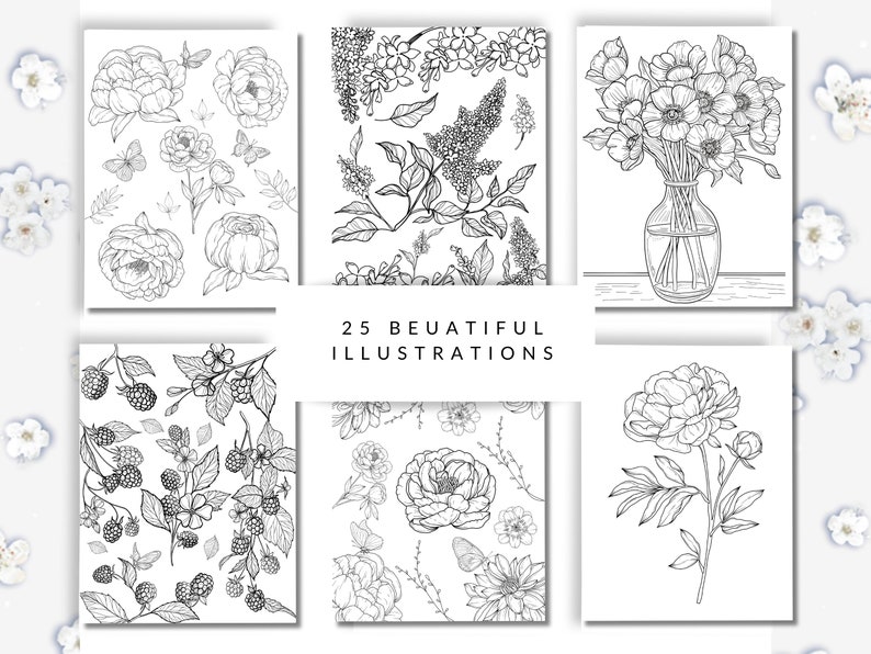 Botanical Flowers Coloring Book Flower Coloring Page Adults and Kids ...