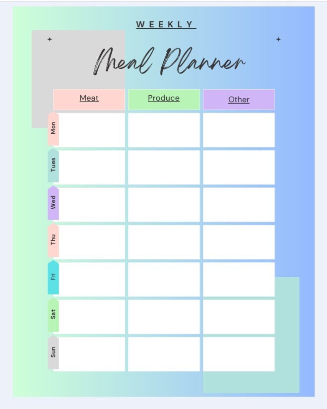Bright Colorful Weekly Meal Planner Printable - Etsy