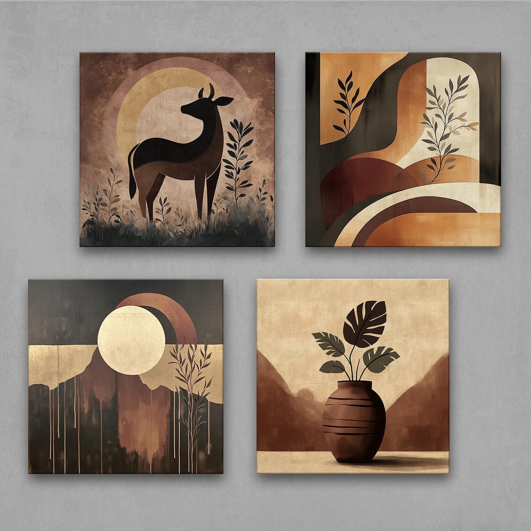 Abstract Boho Canvas Wall Art Set of 4 - Minimalist Nature Inspired ...