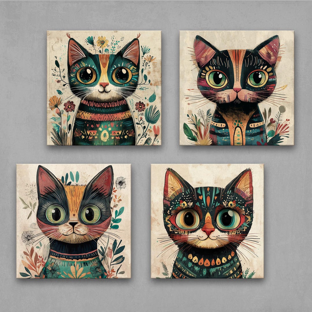 Boho Cat Wall Art Set | Whimsical Tribal Cat Canvas Prints | Colorful ...