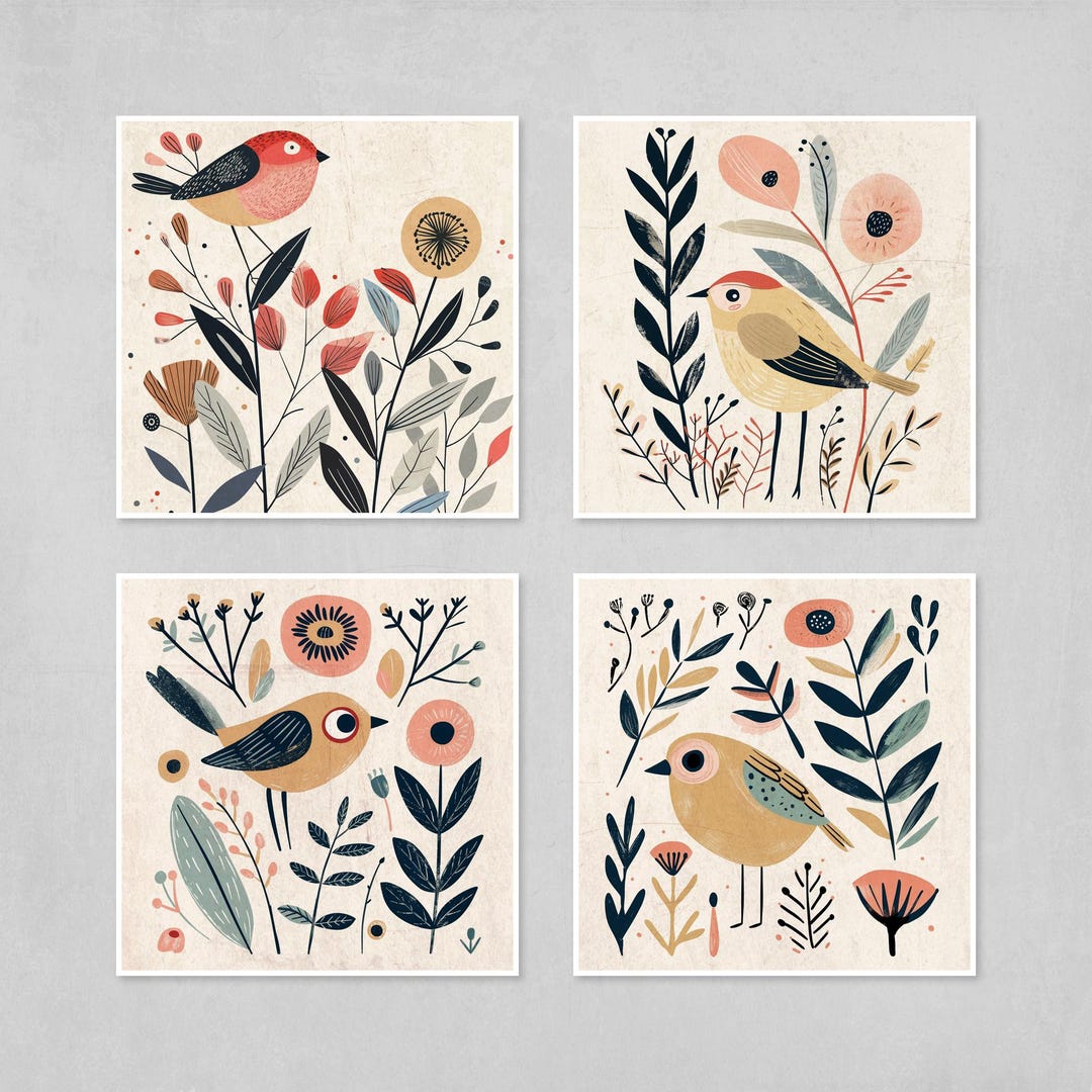 Boho Bird Wall Art Set of 4 Prints Minimalist Boho Decor Scandinavian ...