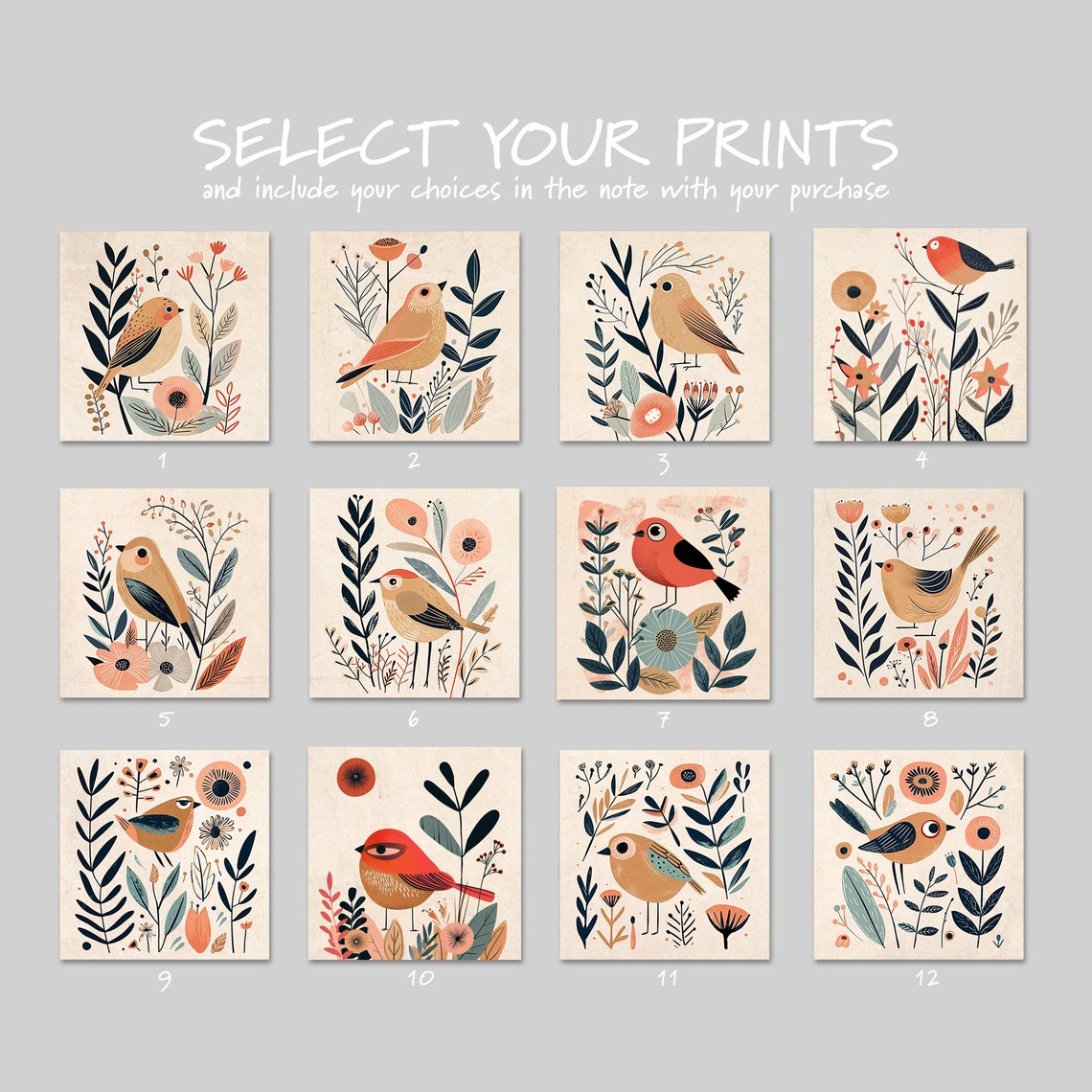 Boho Mid Century Folk Art, Birds Floral Theme, A Set of 4 Canvas Giclee ...