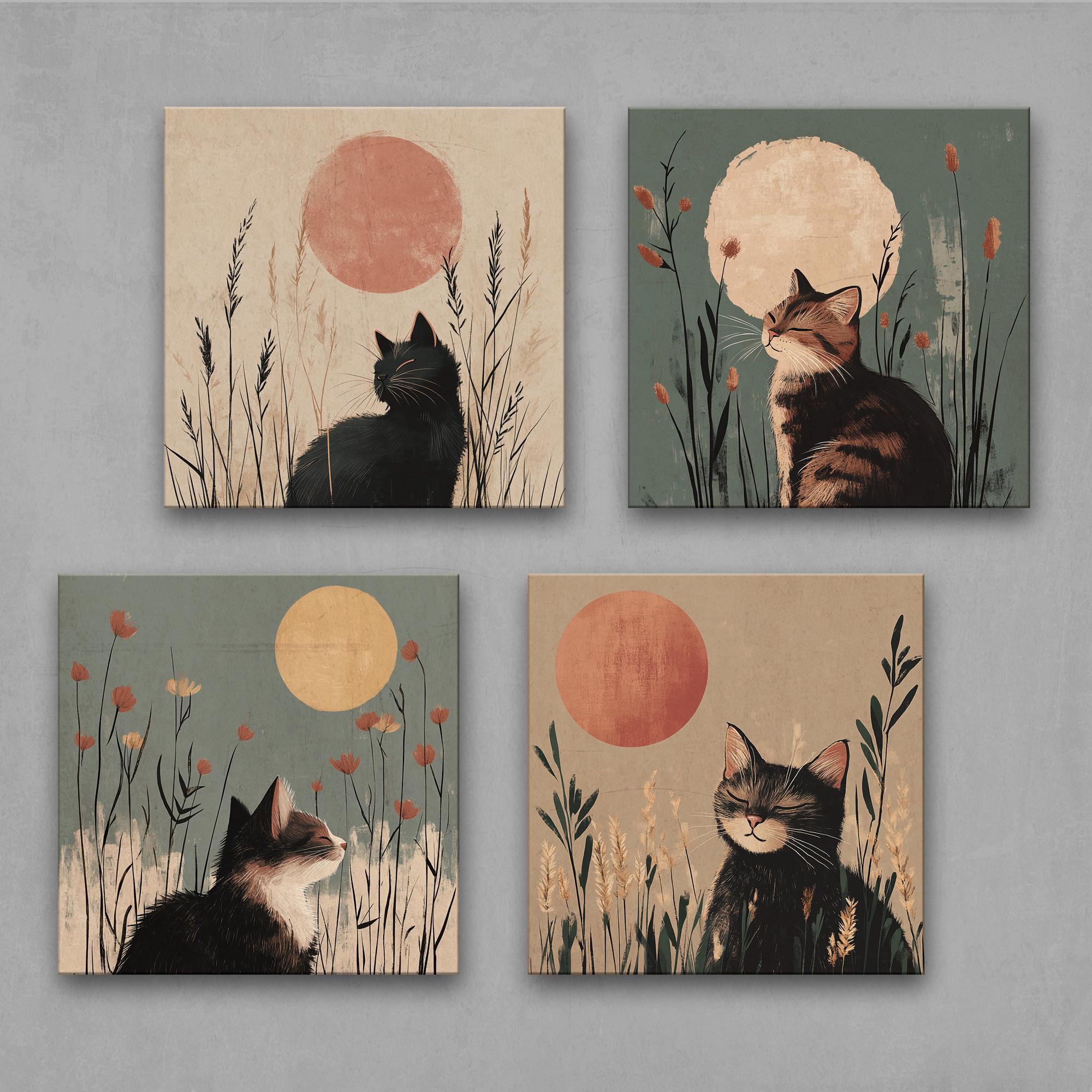 Boho Cat Prints Set: Minimalist Feline Wall Art in Wildflowers 4XB687 ...