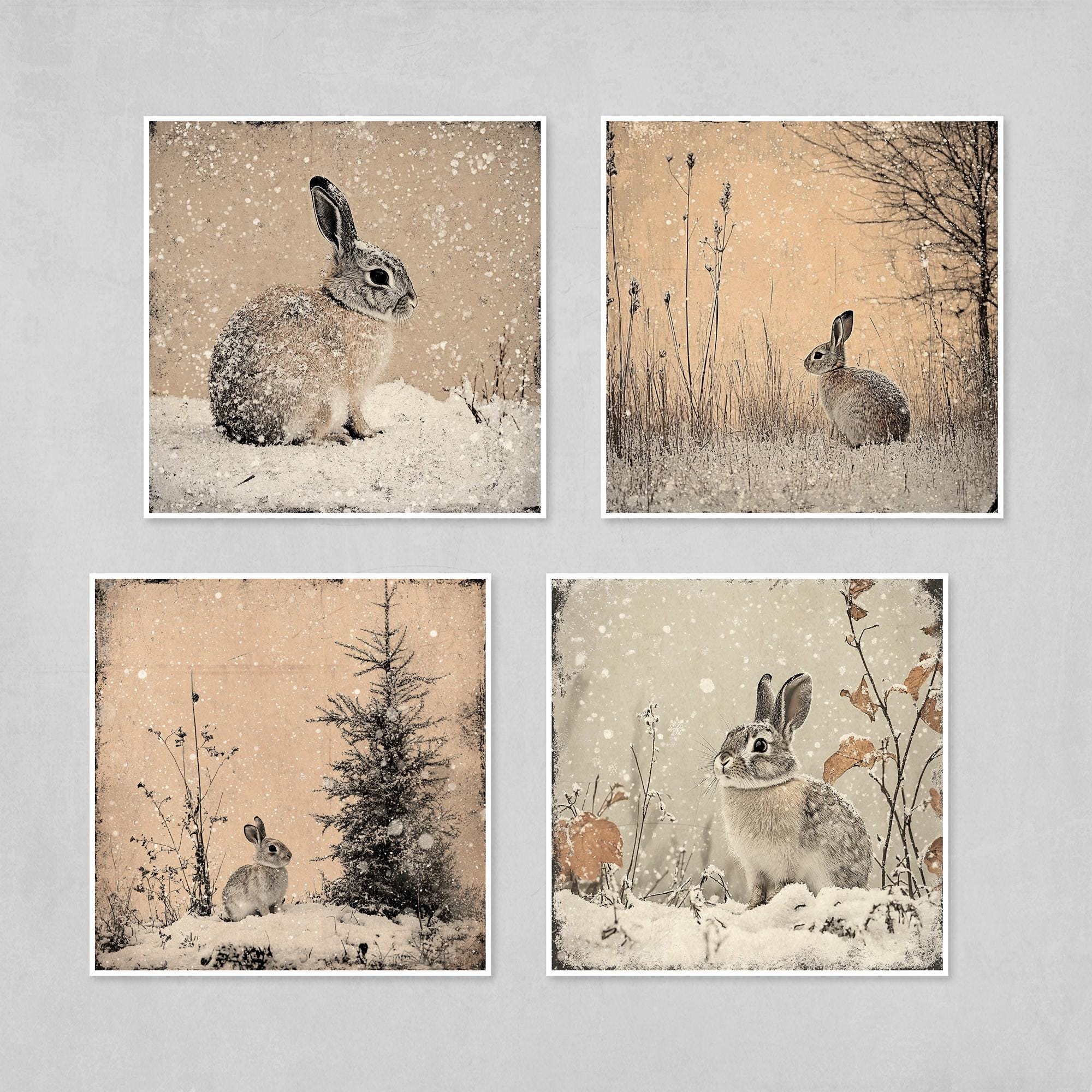Winter Wonderland Rabbit Wall Art Set - Nature Prints, Rustic Decor ...