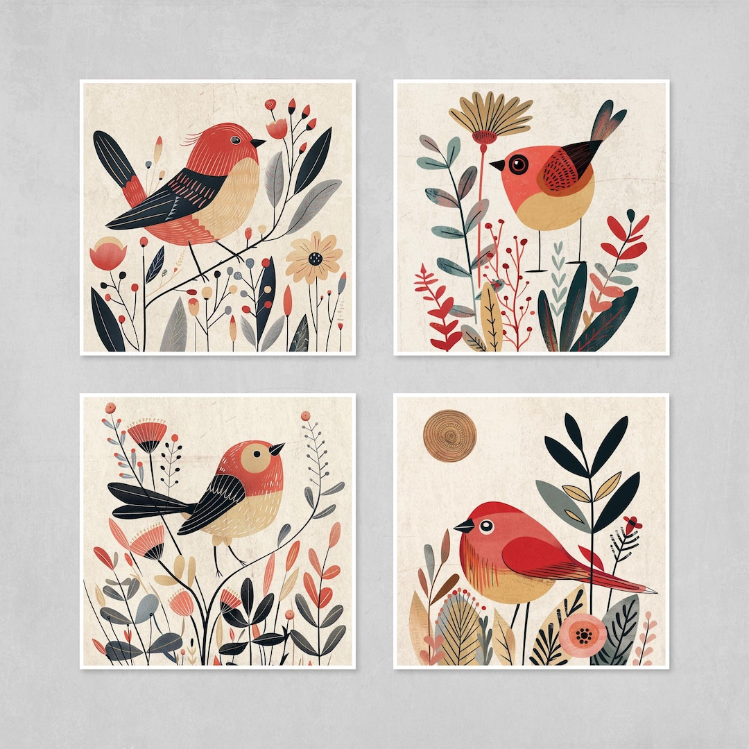 Colorful Boho Bird Wall Art Set of 4 – Modern Floral Bird Prints ...