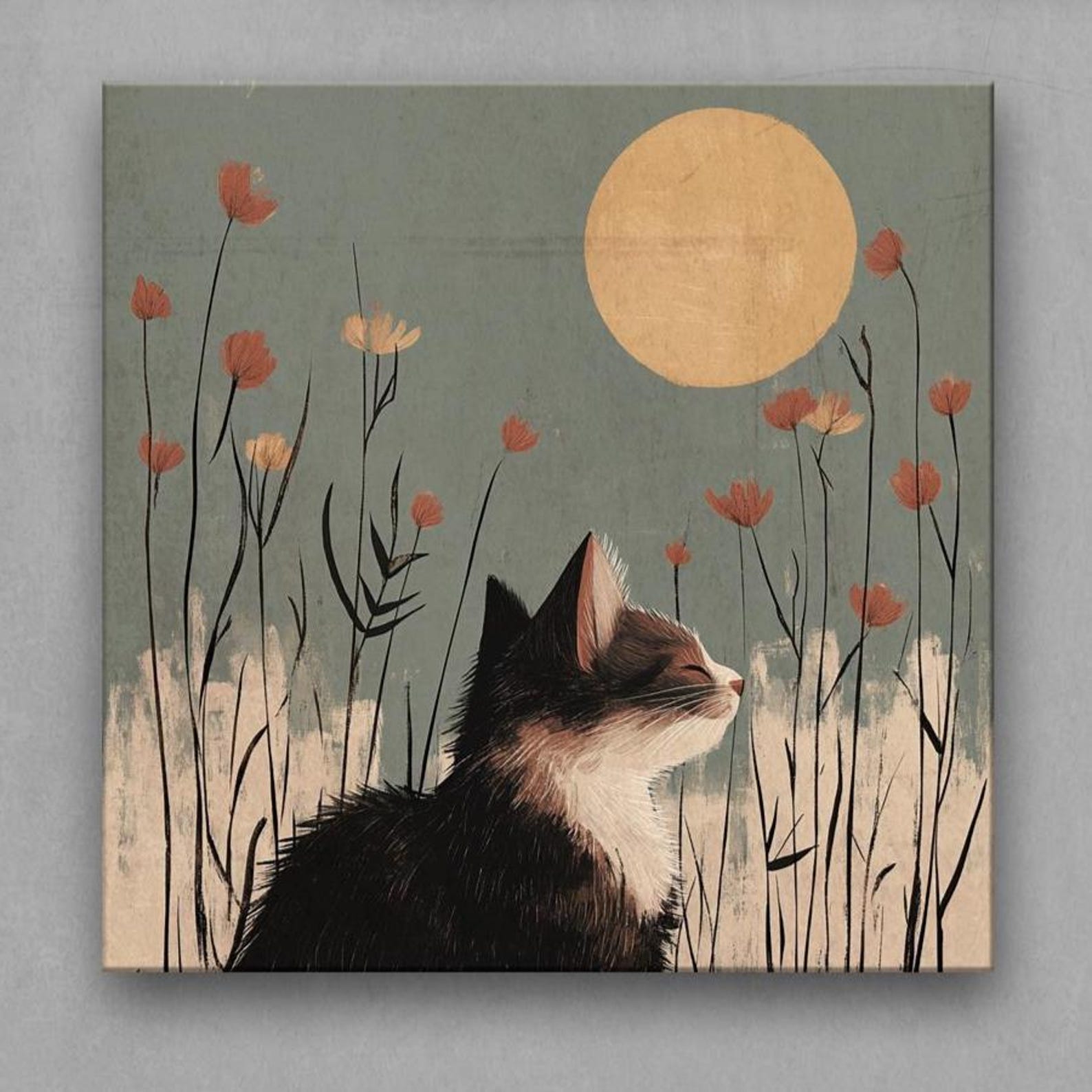 Boho Cat Prints Set: Minimalist Feline Wall Art in Wildflowers 4XB687 ...