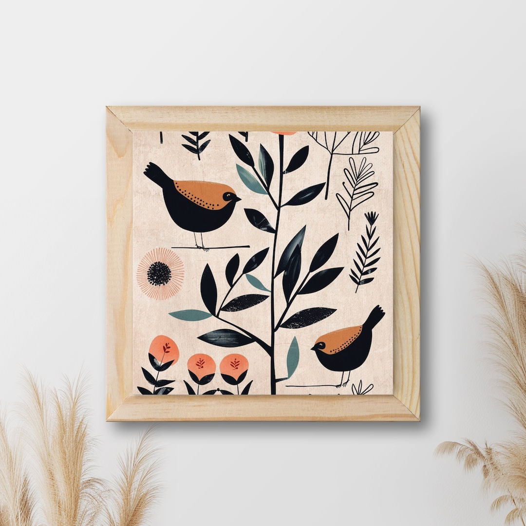 Boho Mid Century Art, Black Birds Floral Theme, Canvas Giclee Print ...