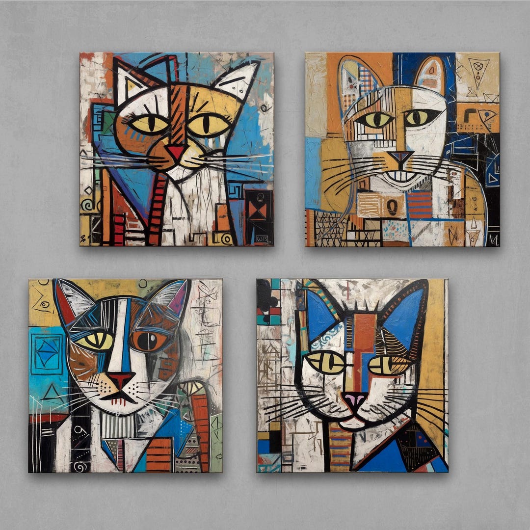 Abstract Cat Art Set of 4 – Geometric Feline Art in Bold Colors, Modern ...