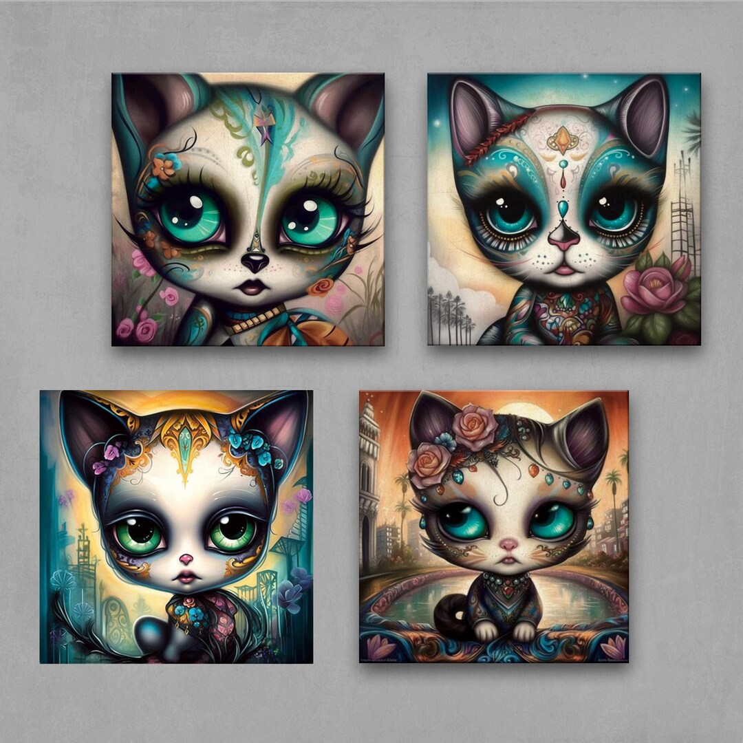 Whimsical Cat Wall Art Set of 4 – Big-eyed Feline Portraits With ...