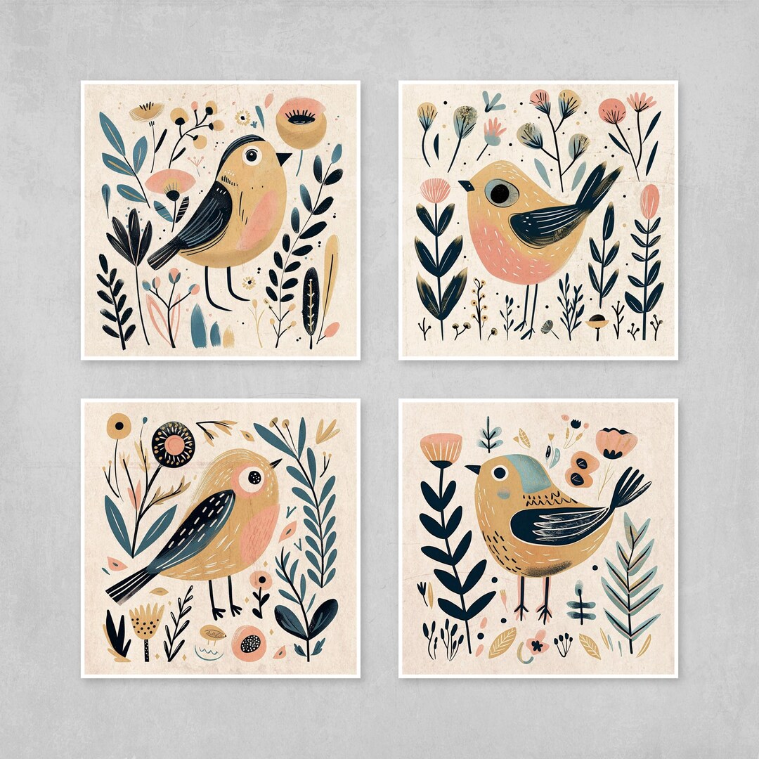A Set of Four Bird Prints, Boho Mid Century Folk Art, Abstract Floral ...