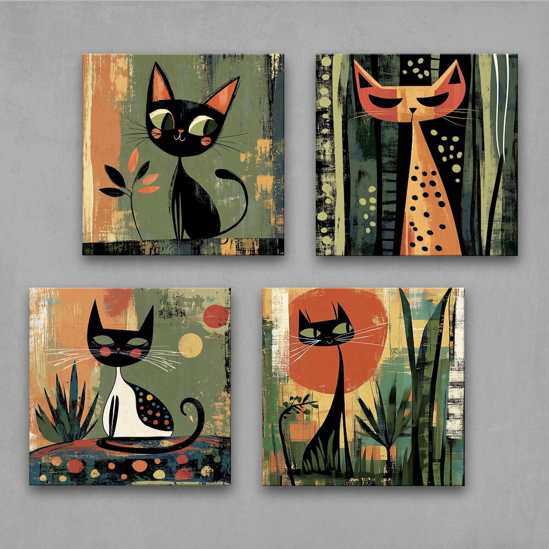 Retro Cat Wall Art Set - Mid-century Modern Cat Decor, Abstract Cat ...