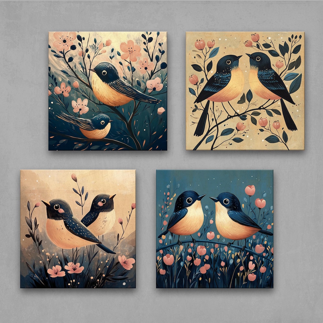Whimsical Bird Wall Art Set | Nature-inspired Floral Canvas Prints ...
