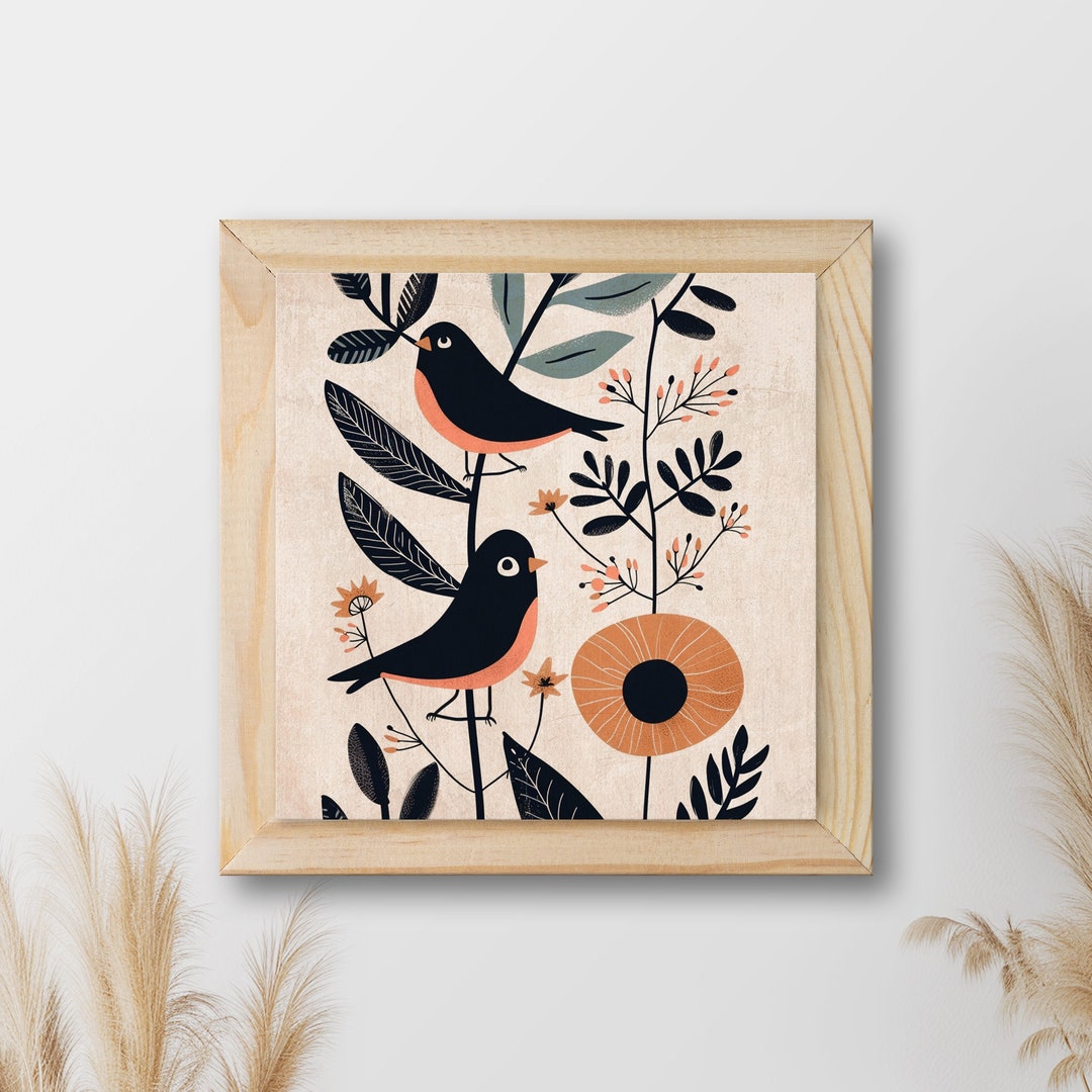 Boho Mid Century Art, Black Birds Floral Theme, Canvas Giclee Print ...