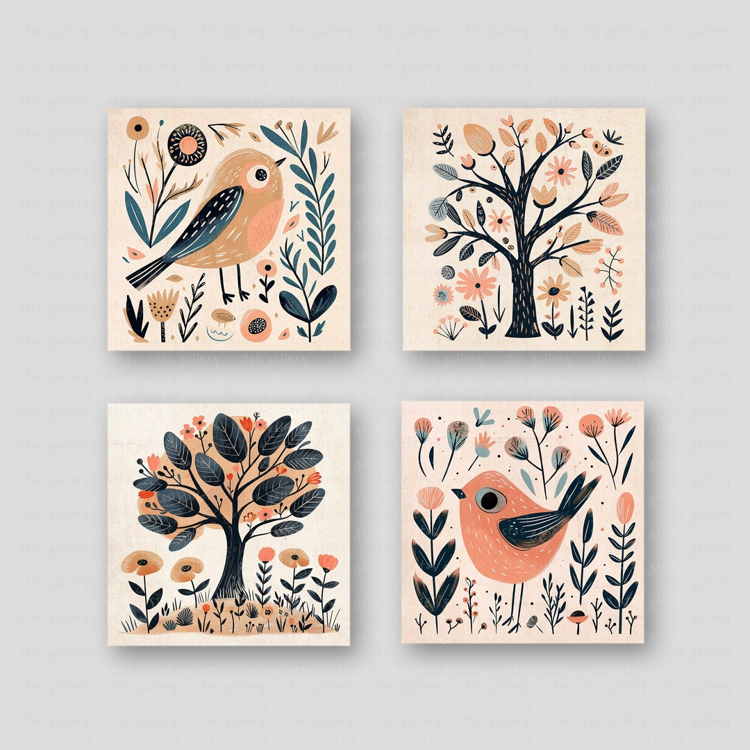 Boho Mid Century Folk Art, Birds Floral Trees Theme, A Set of 4 Giclee ...