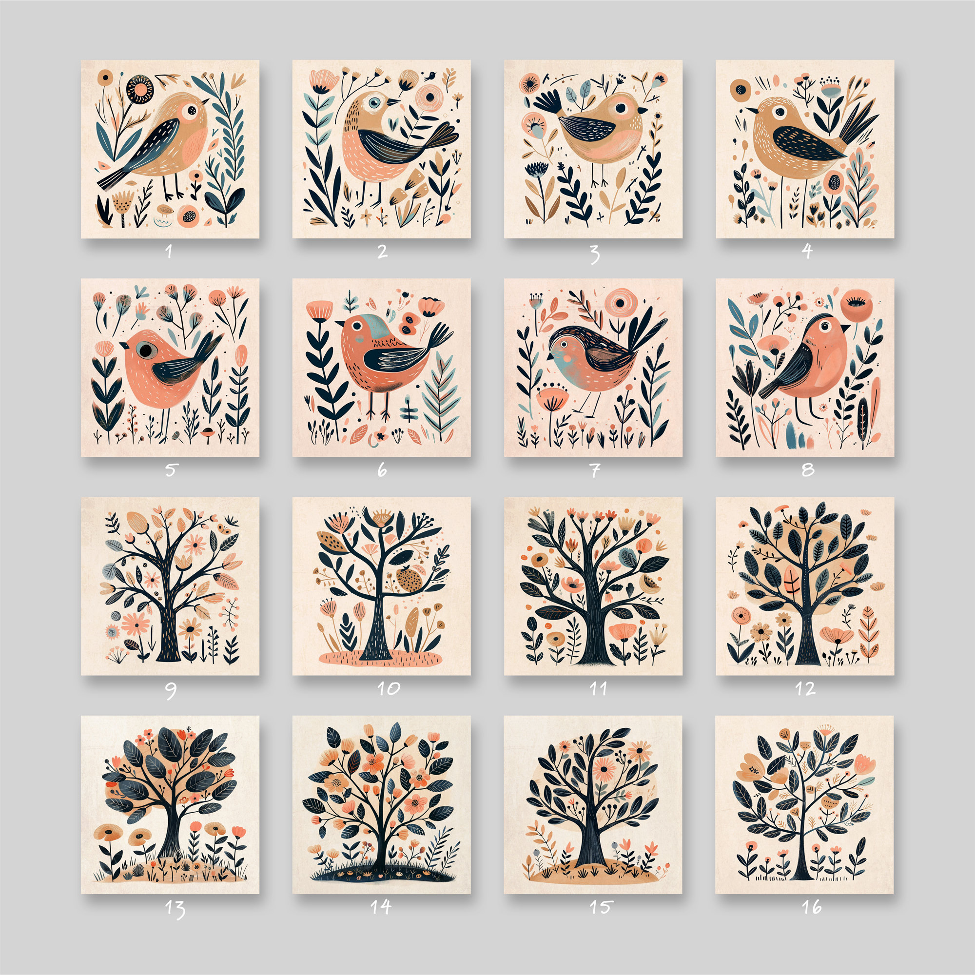 Boho Mid Century Folk Art, Birds Floral Trees Theme, A Set of 4 Giclee ...