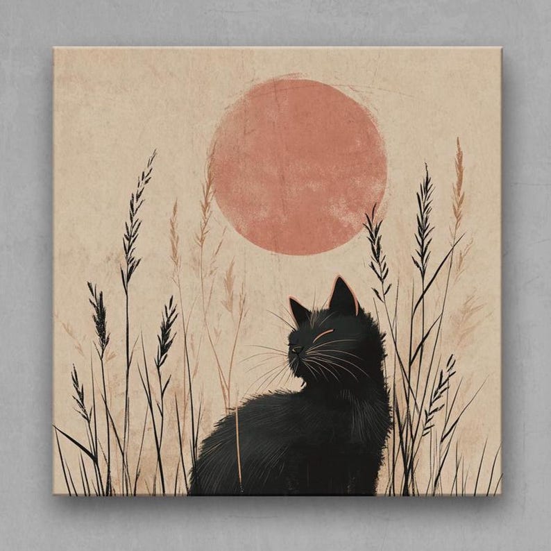 Boho Cat Prints Set: Minimalist Feline Wall Art in Wildflowers 4XB687 ...