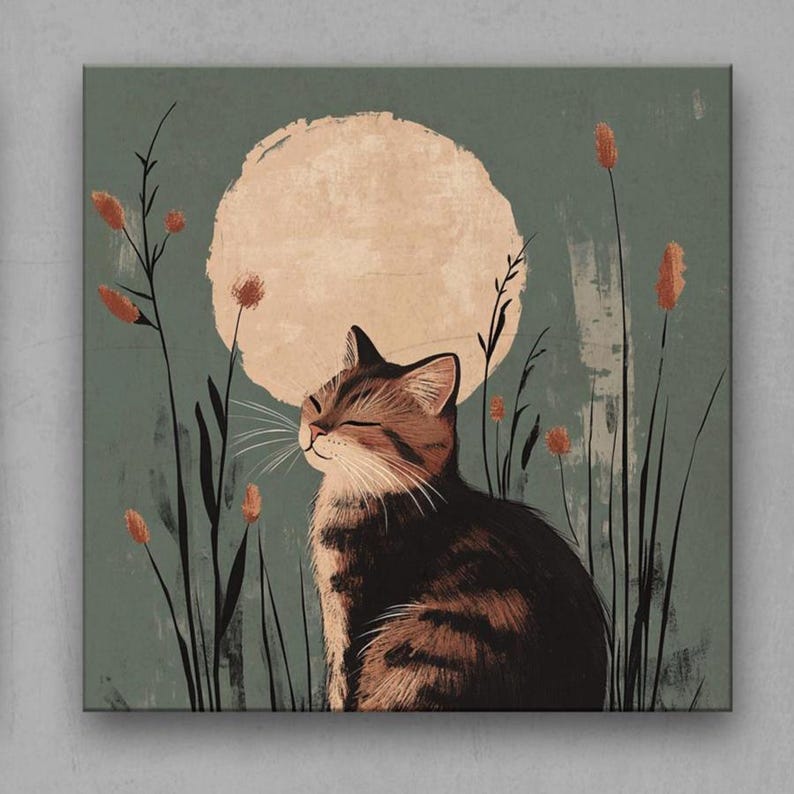 Boho Cat Prints Set: Minimalist Feline Wall Art in Wildflowers 4XB687 ...