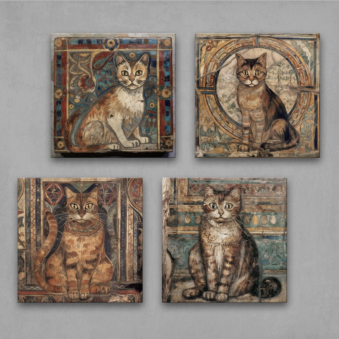 Medieval Cat Canvas or Fine Art Print Set – Vintage Feline Portraits ...