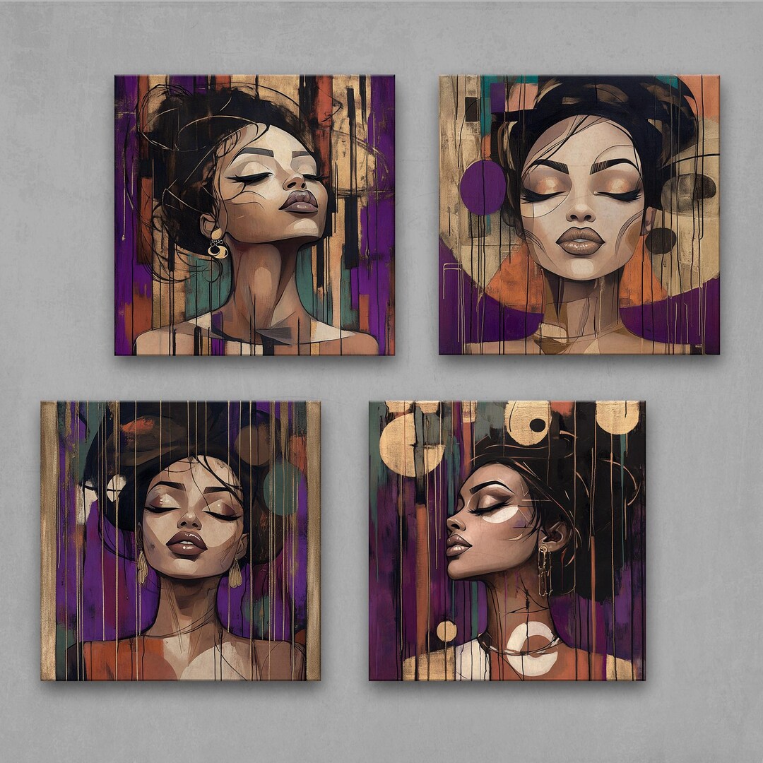 African American Beauty Wall Art Set of 4 - Bold Abstract Portraits in ...