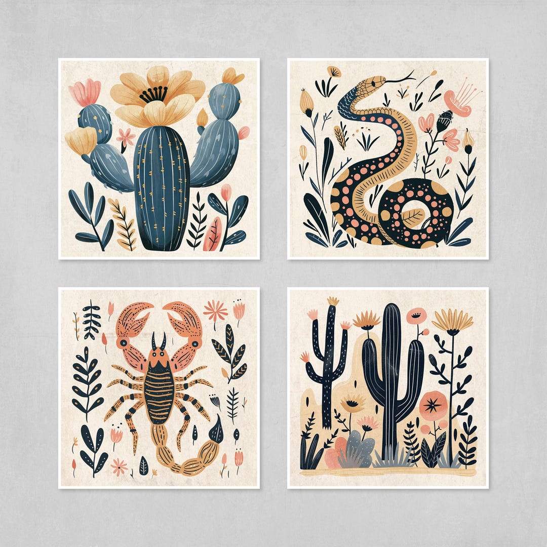 Boho Cactus Wildlife Wall Art Set | Desert Snake, Scorpion, Cactus ...