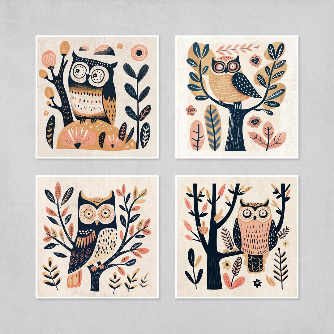 Whimsical Owl Wall Art Set | Modern Boho Owl Prints | Nature-inspired ...