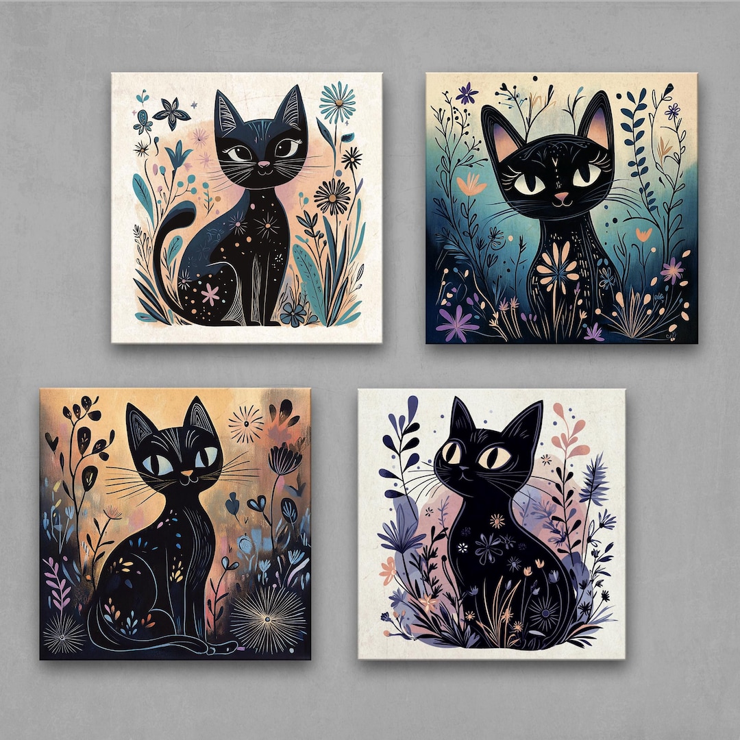Set of 4 Modern Cat Art Prints – Vintage Boho Cat Portraits With ...