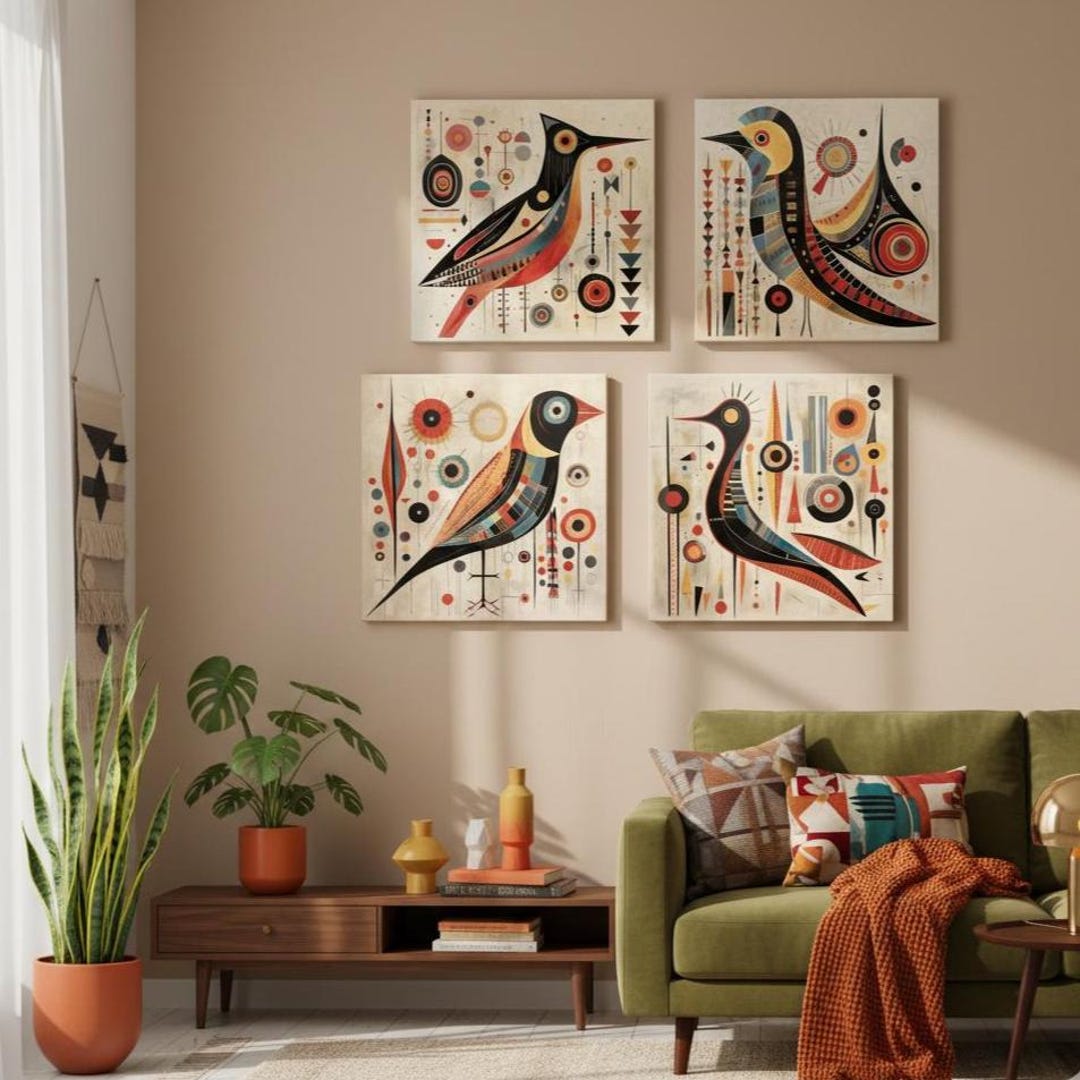 Mid Century Modern Bird Art Prints: Retro Geometric Living Room Decor ...