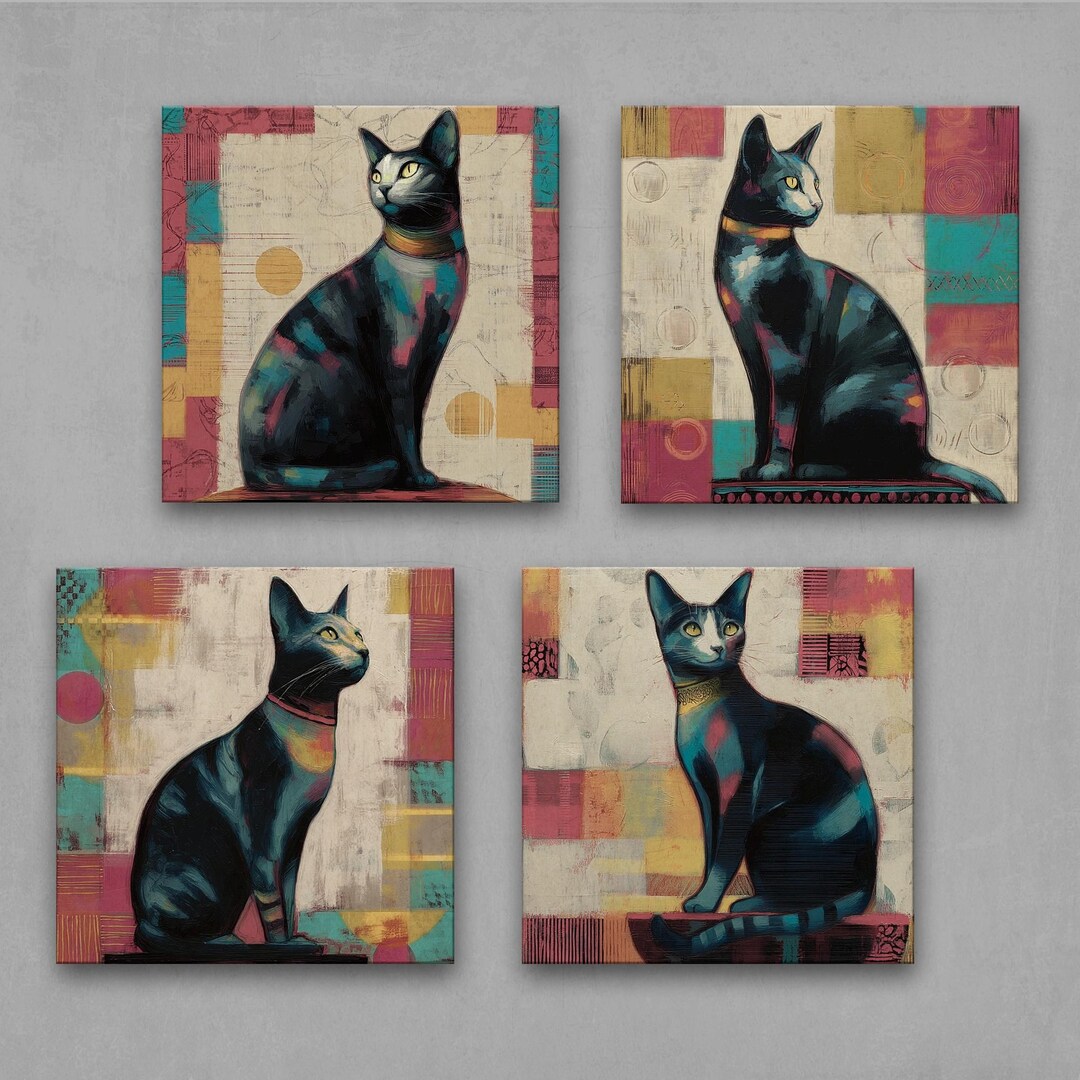 Set of 4 Prints - Modern Abstract Cat Wall Art Set - Black Cat ...