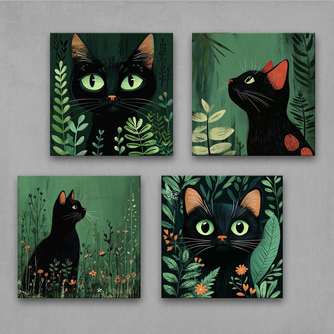 Black Cat Art Print Set – Boho Greenery Home Decor - Etsy