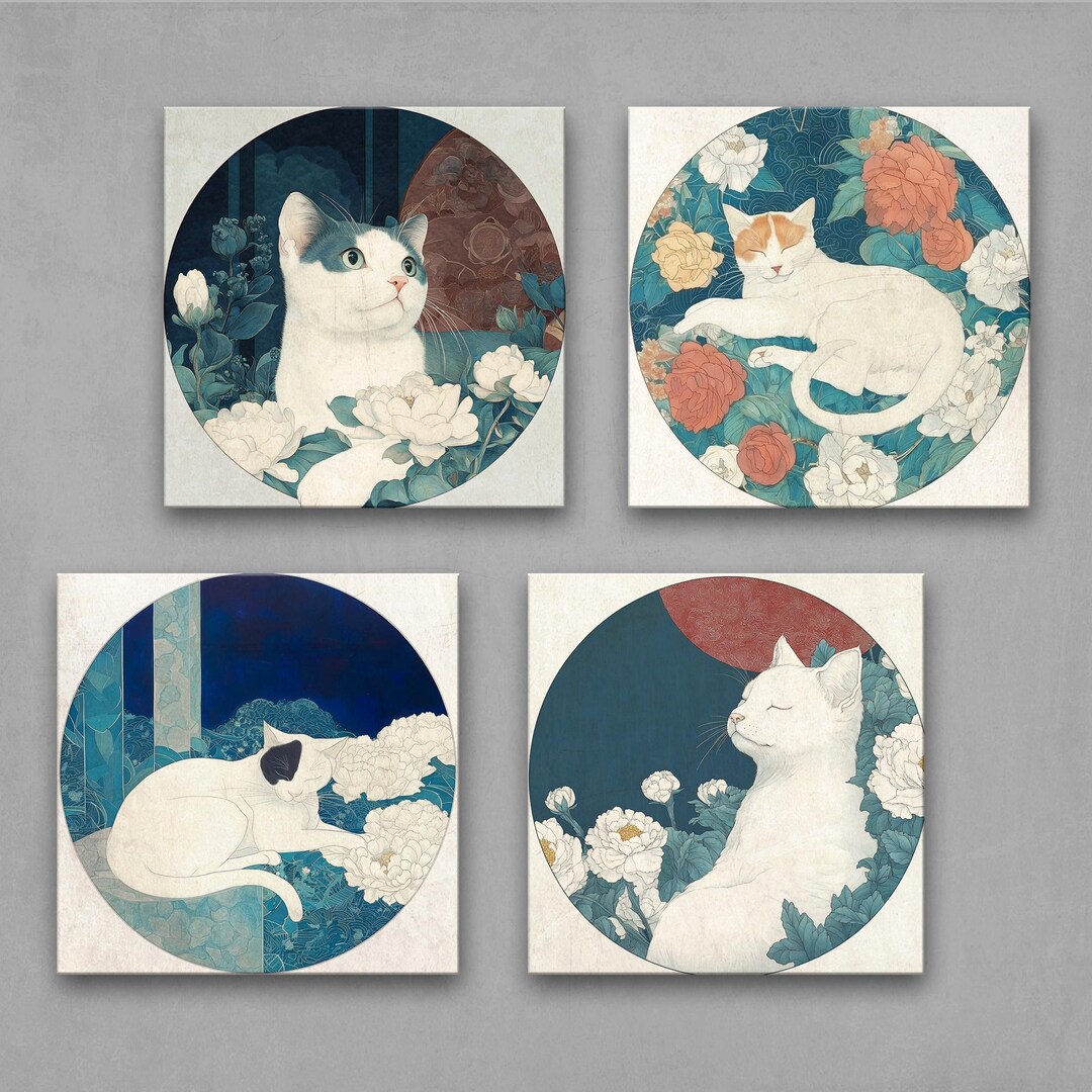 Set of 4 Elegant Cat Wall Prints – Japanese-inspired Floral Decor ...