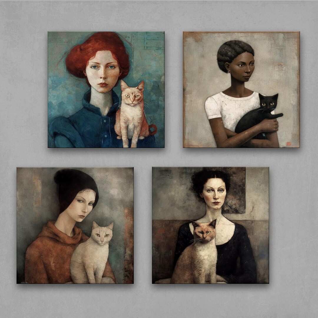 Vintage Style Cat Portrait Set – Elegant Woman and Feline Art Prints ...